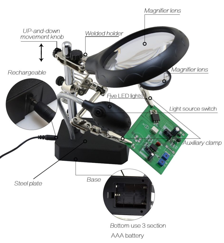 Helping Hand Magnifier 5-LED Light with Soldering Stand TE-800 (High ...